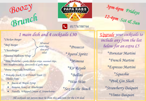 Boozy Brunches | Menu | Papa Rabs Restaurant, Stranraer